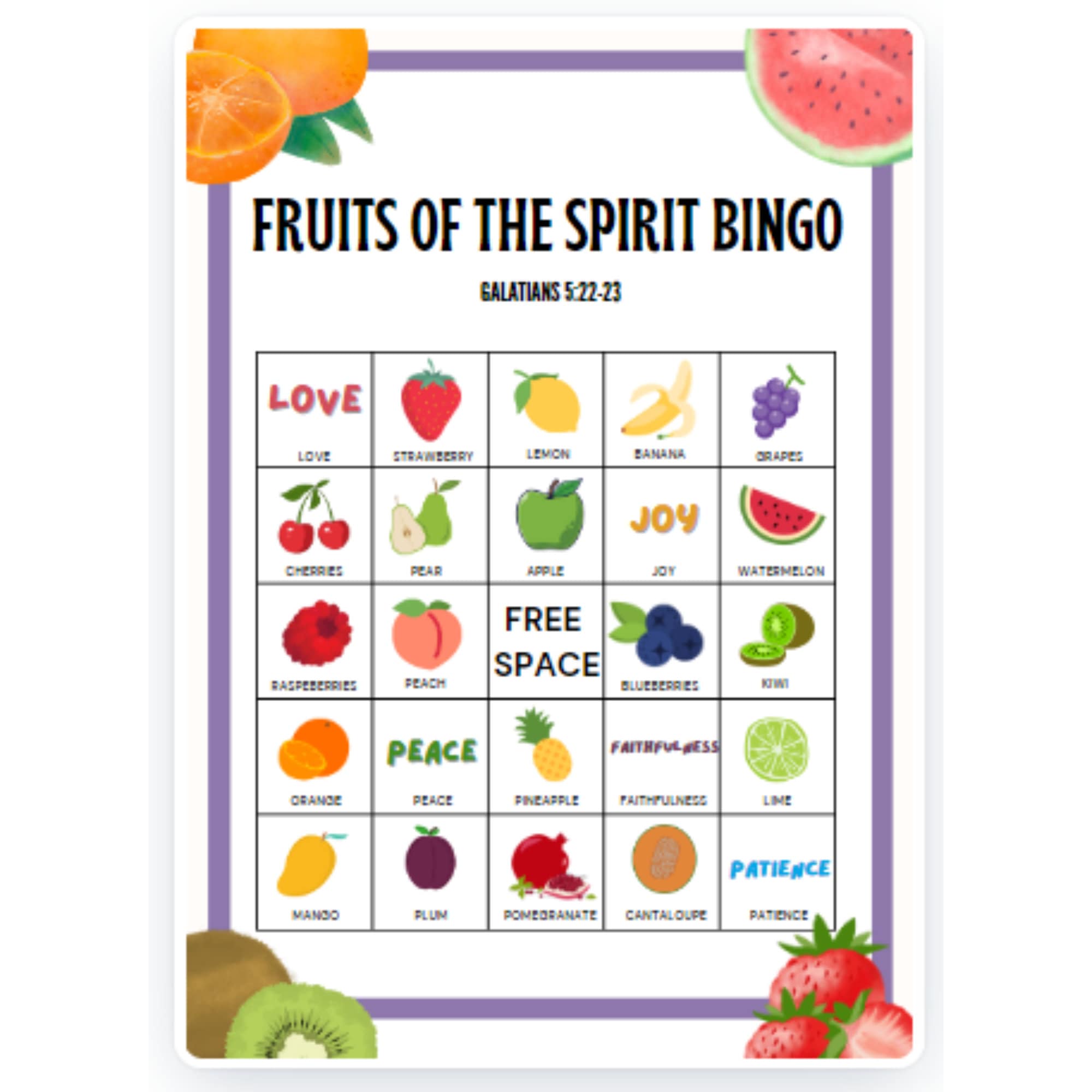 Fruit of the Spirit Bingo: Bible Game for Kids (PDF Download) - Etsy