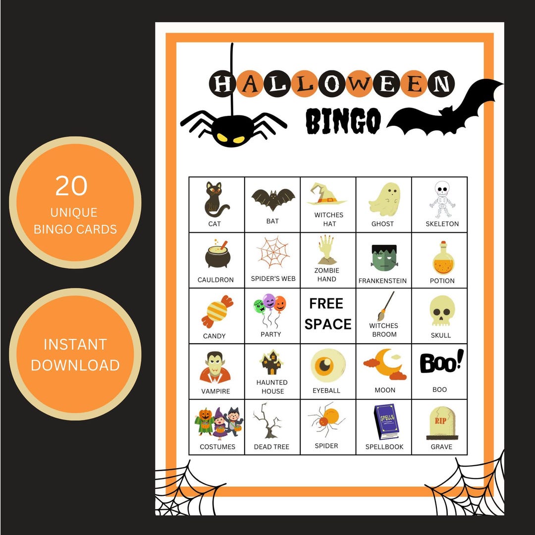 20 Halloween Bingo Cards, Cute Halloween Games, Kids Halloween Bingo ...