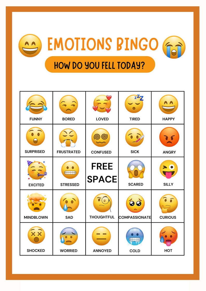 Emotions Bingo Game: Emoji Learning, Kids Party Activity (PDF Download ...
