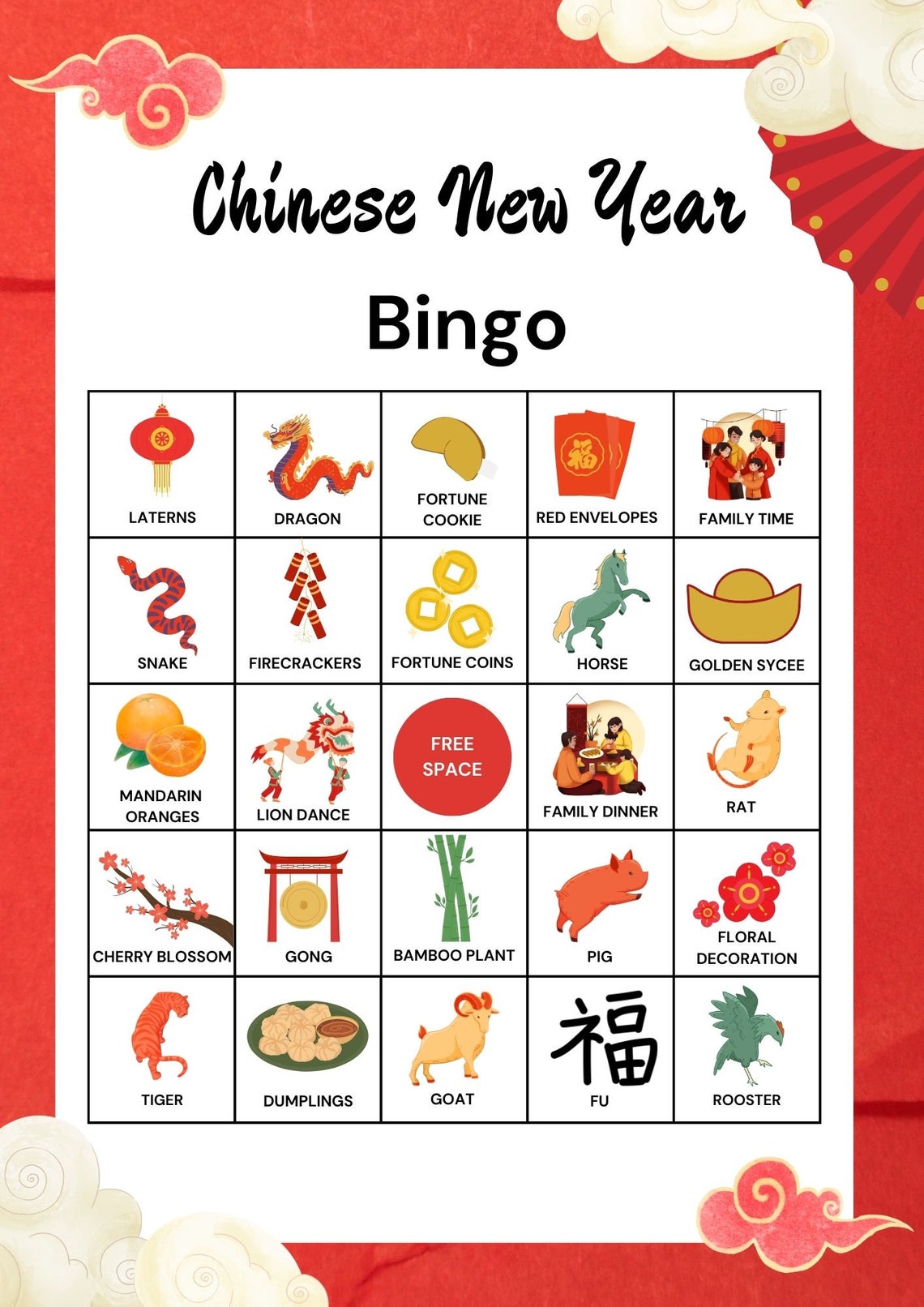 Chinese New Year 2025 Bingo, 20 Lunar New Year Bingo Cards, Party Game ...