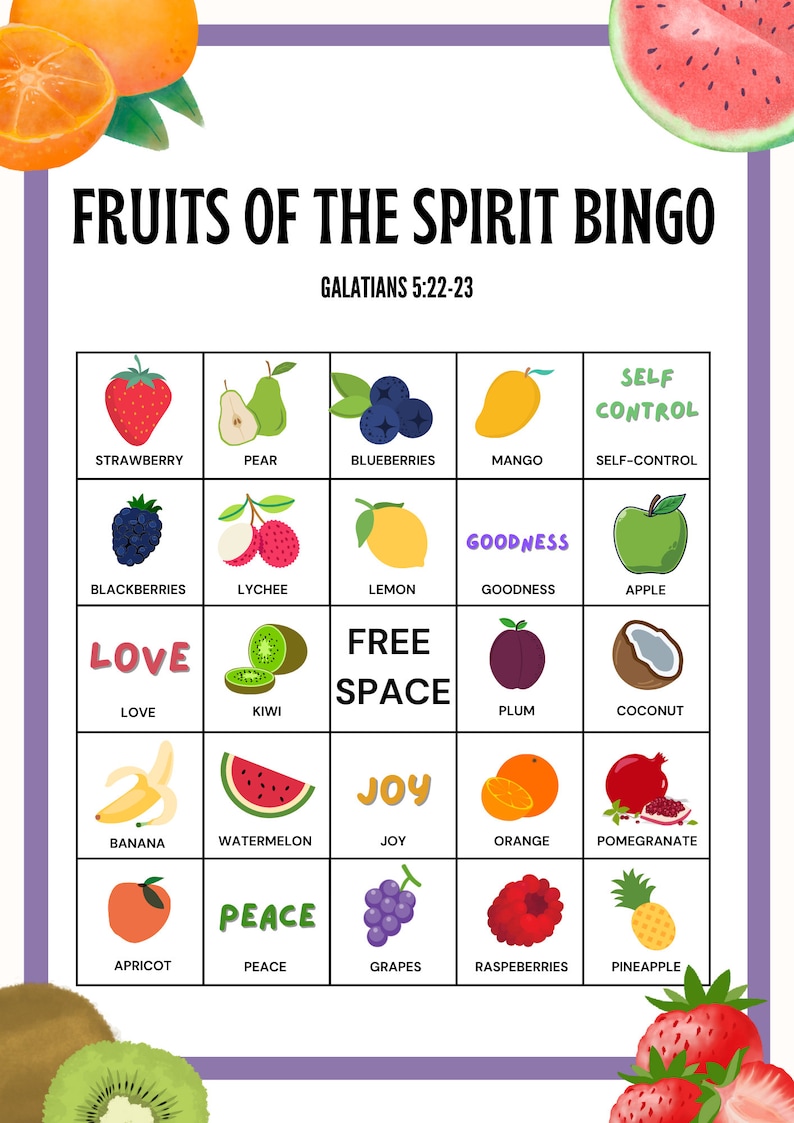Fruit of the Spirit Bingo: Bible Game for Kids (PDF Download) - Etsy