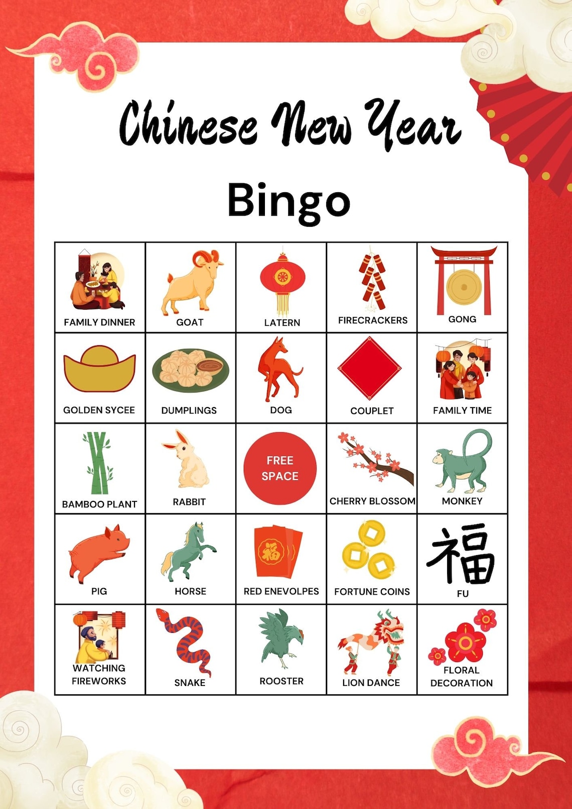 Chinese New Year 2025 Bingo, 20 Lunar New Year Bingo Cards, Party Game ...