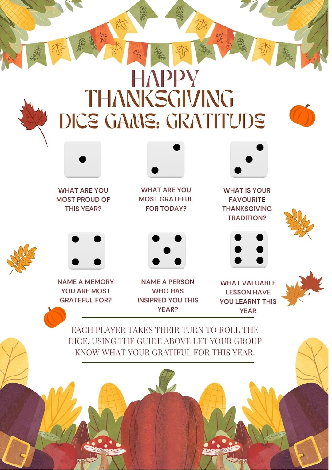 Thanksgiving Gratitude Dice Game I Gratitude Sheet I Gratitude Card I ...