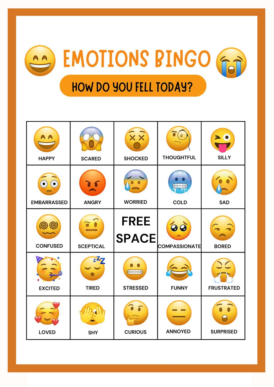 Emotions Bingo Game: Emoji Learning, Kids Party Activity (PDF Download ...