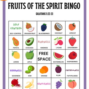 Fruit of the Spirit Bingo: Bible Game for Kids (PDF Download) 20 Bingo ...