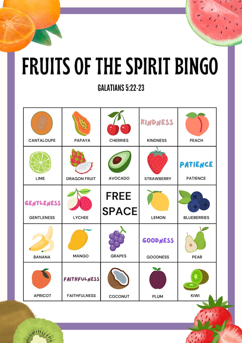 Fruit of the Spirit Bingo: Bible Game for Kids (PDF Download) 20 Bingo ...