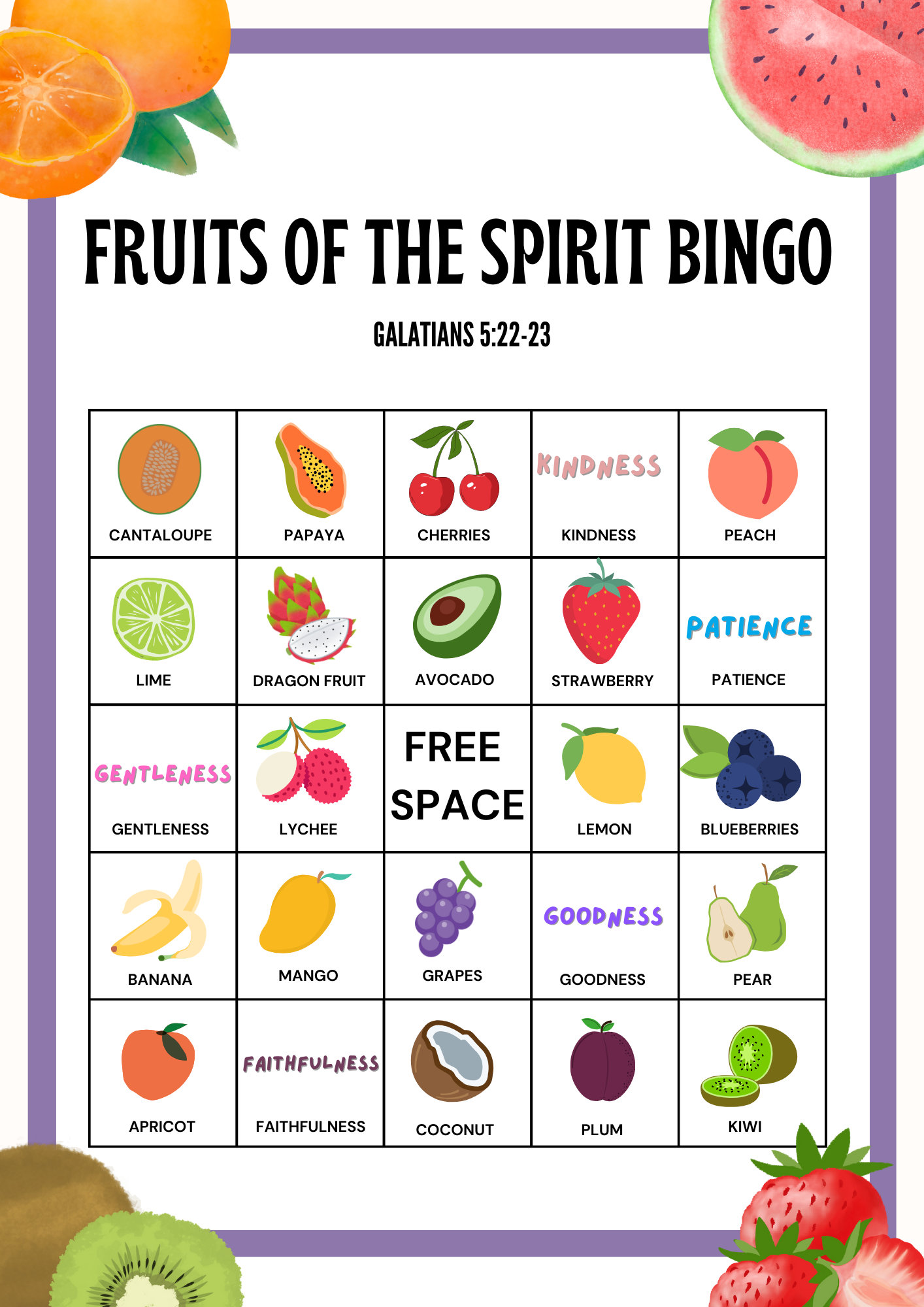Fruit of the Spirit Bingo: Bible Game for Kids (PDF Download) 20 Bingo ...