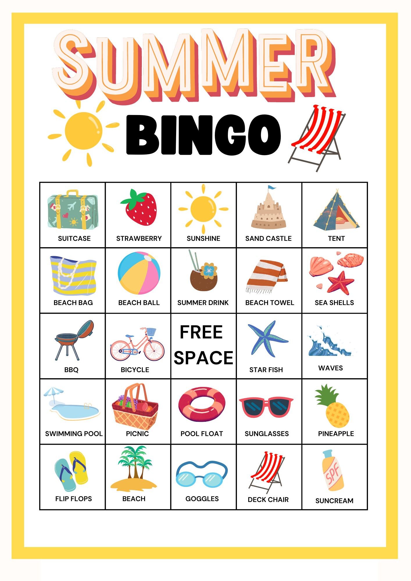 Summer Bingo, 20 Summer Bingo Cards, Summer Game, Summer Activity, Kid ...