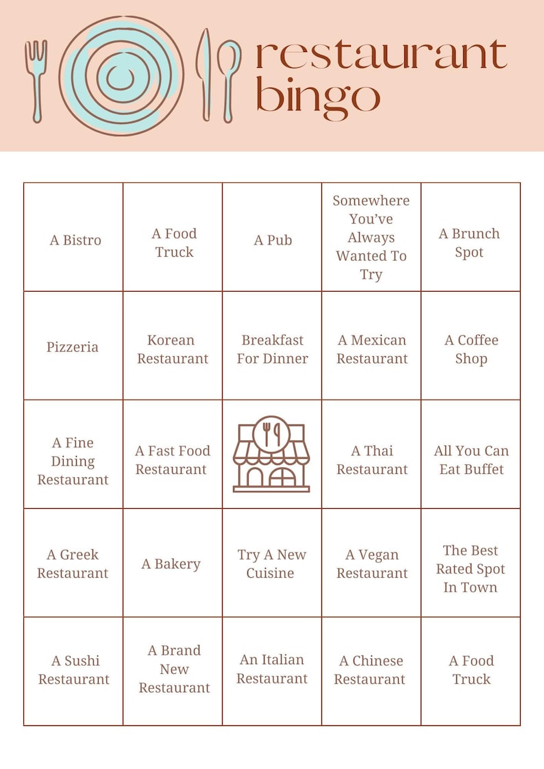 Restaurant Bingo Game Winter Activities PRINTABLE Journal Page Planner ...