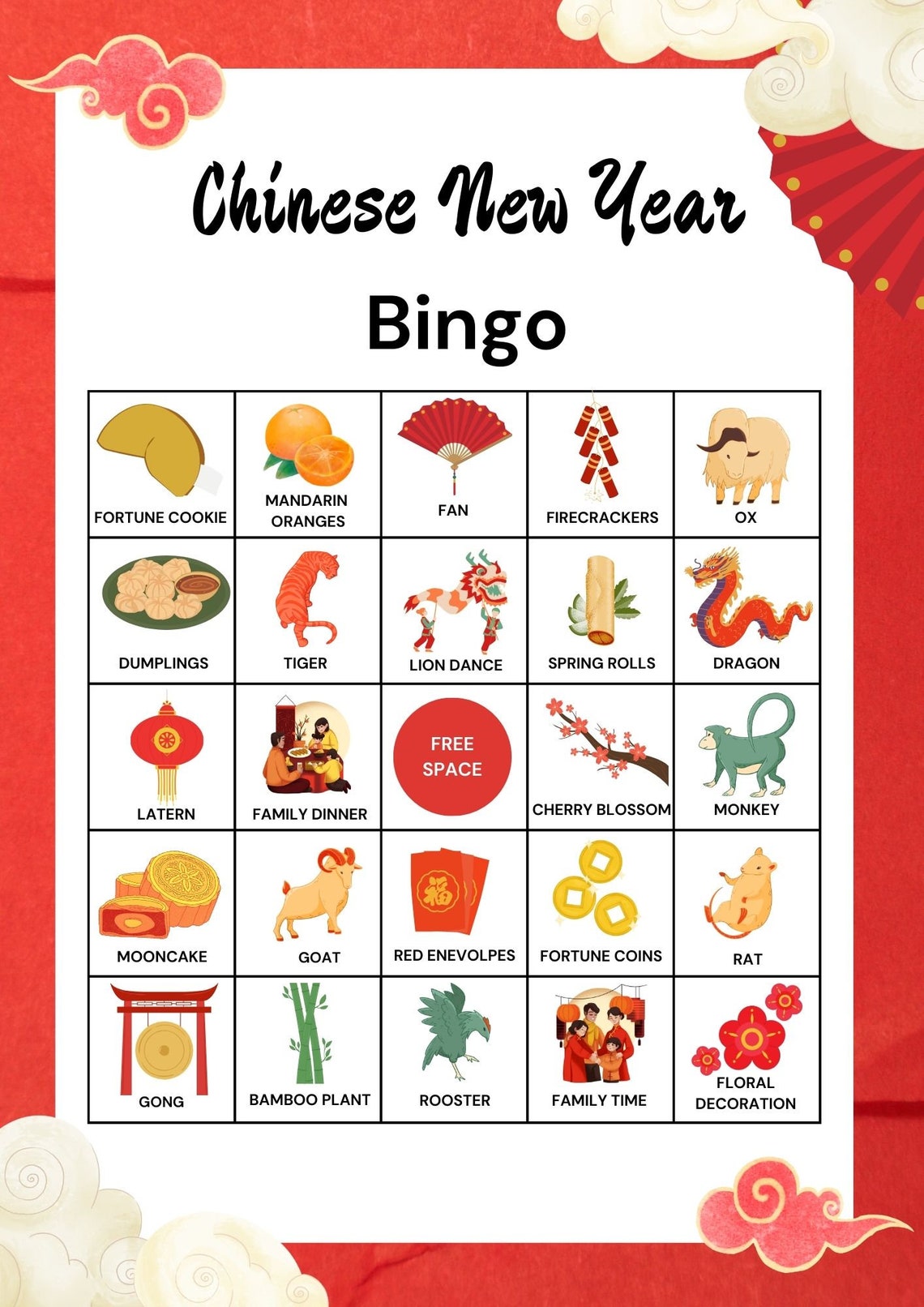 Chinese New Year 2025 Bingo, 20 Lunar New Year Bingo Cards, Party Game ...