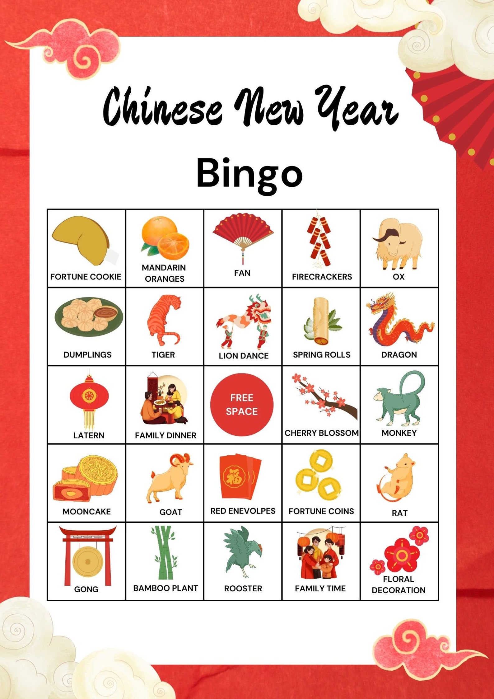 Chinese New Year 2025 Bingo, 20 Lunar New Year Bingo Cards, Party Game ...