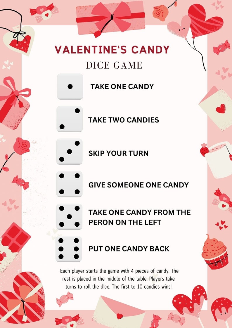 Valentine's Day Candy Dice Game Candy Dice Game Printable Valentine's ...
