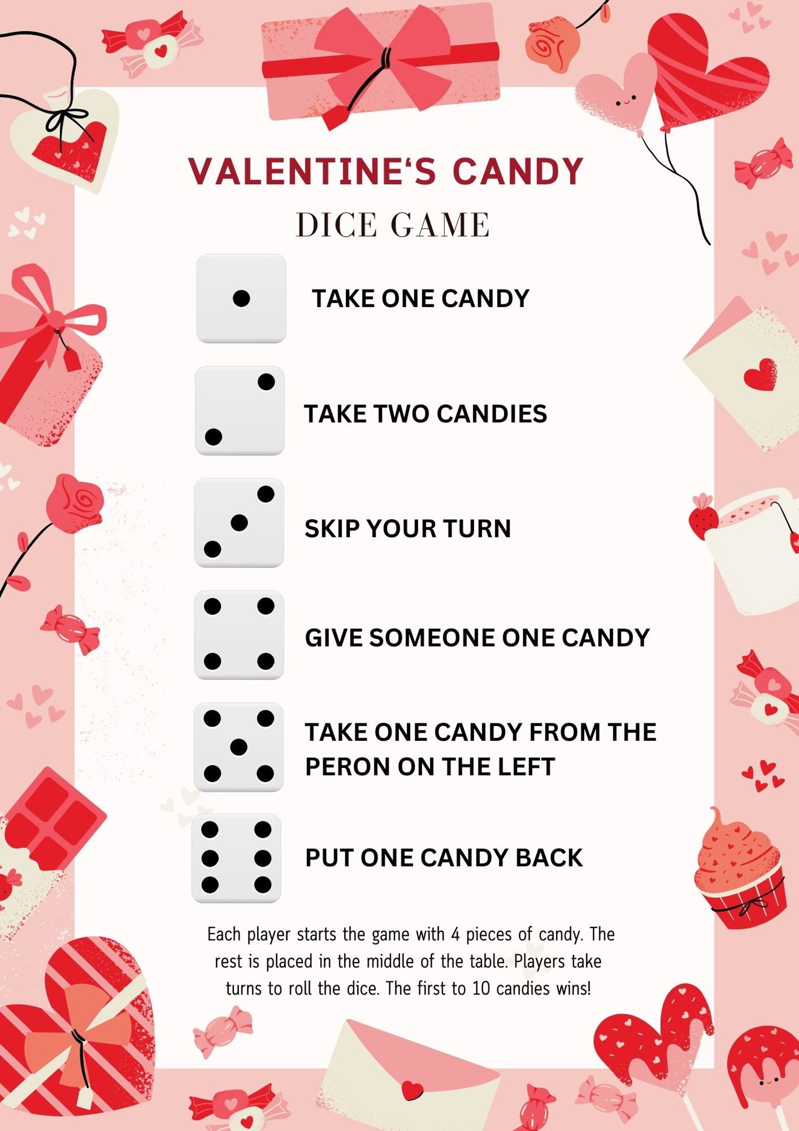 Valentine's Day Candy Dice Game Candy Dice Game Printable Valentine's ...