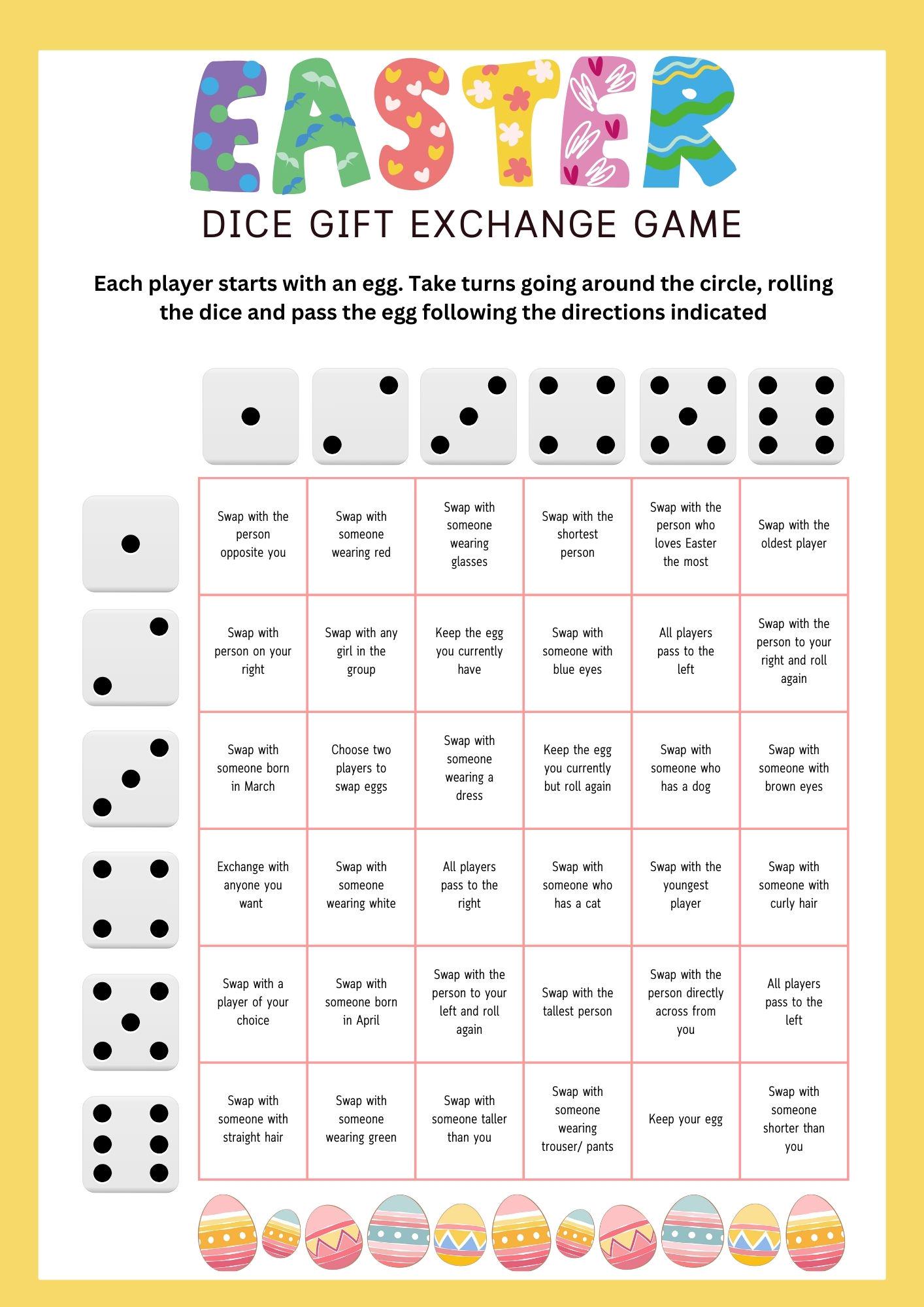 Easter Egg Exchange Dice Game Printable, Easter Dice Game for Kids ...