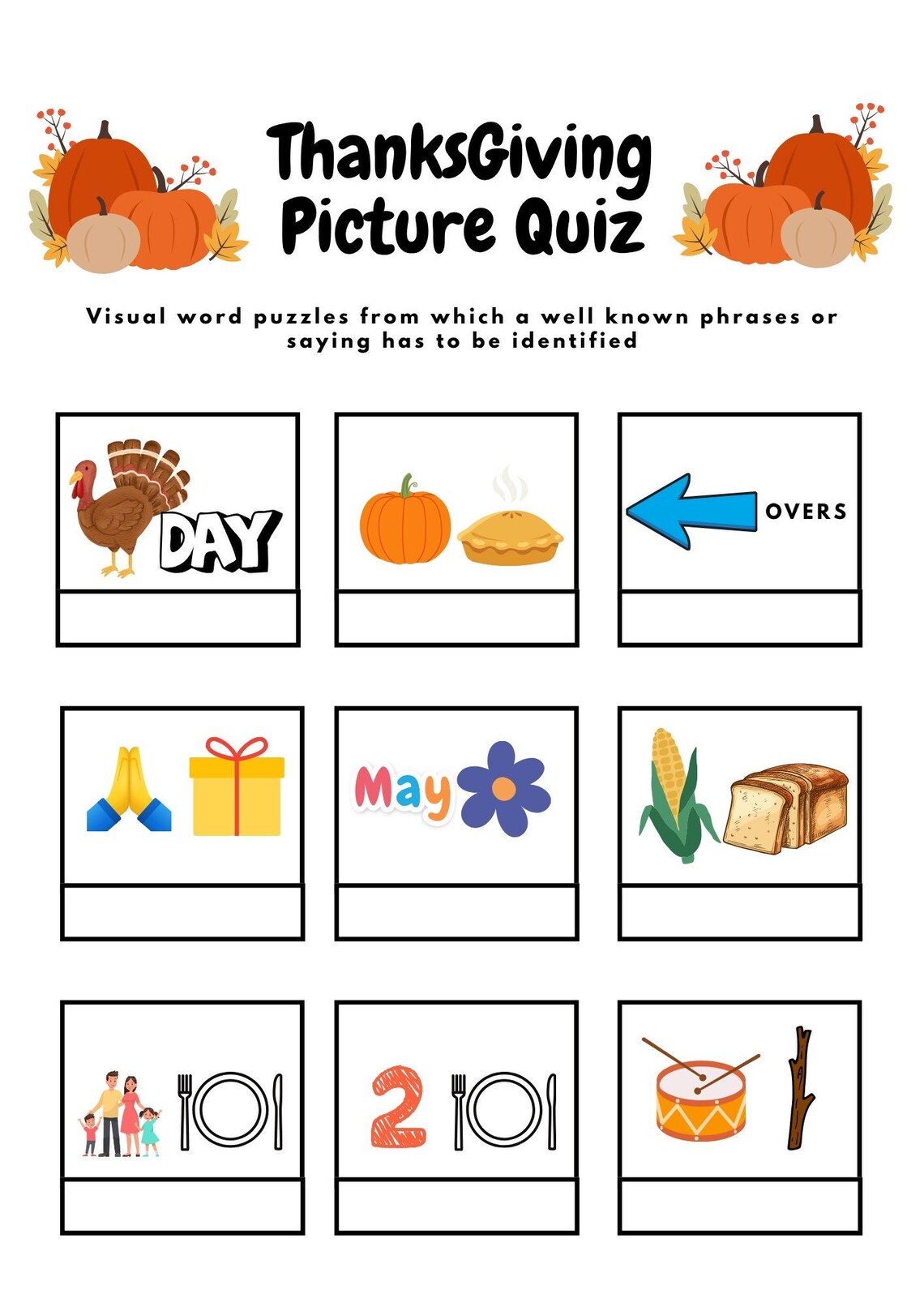 Thanksgiving Dingbat Puzzle Game: Picture Quiz, Brain Teaser (PDF ...