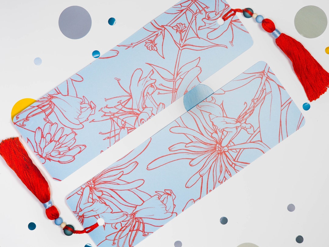 Blue and Red Flower Bookmark | Illustrated Honeysuckle Blossom ...