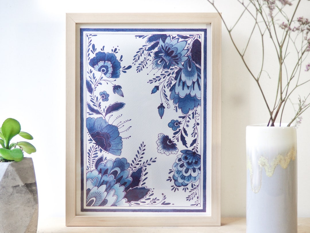 Blue Flower Print | Delft Blue Watercolor Art - Etsy