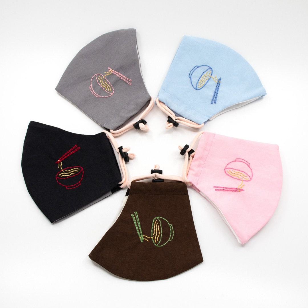 Hand-embroidered Ramen Noodles Face Mask, Cotton With Adjustable Ear ...