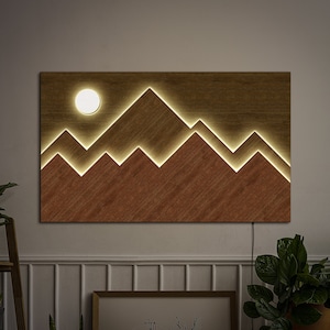 Mountain Wall Art With Led, Geometric Mountains Neon Sign, Wood Wall ...