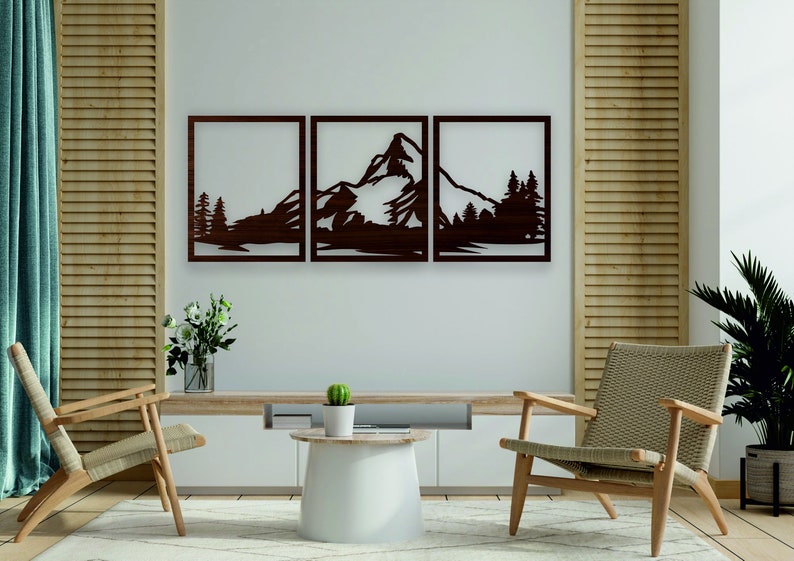Mountains Wood Wall Art, Mountain Wall Panels Decor, Geometric Forest ...