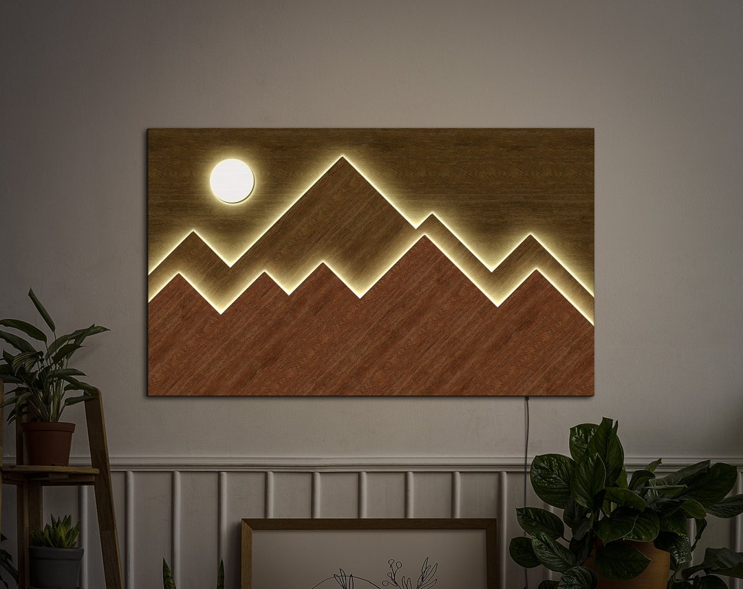 Mountain Wall Art With Led, Geometric Mountains Neon Sign, Wood Wall ...