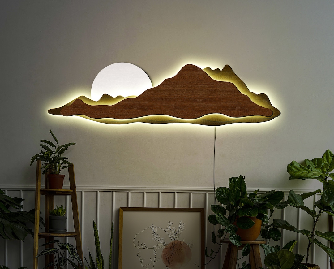 Wood Mountains Wall Art, Mountain Wall Art With Led, Wooden Mountains ...