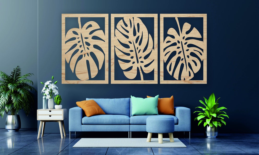 Wooden 3 Leaf Panels Set Wall Decor, Laser Cut Framed Leaves Monstera ...