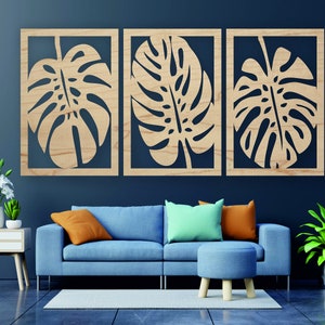 Wooden 3 Leaf Panels Set Wall Decor, Laser Cut Framed Leaves Monstera ...