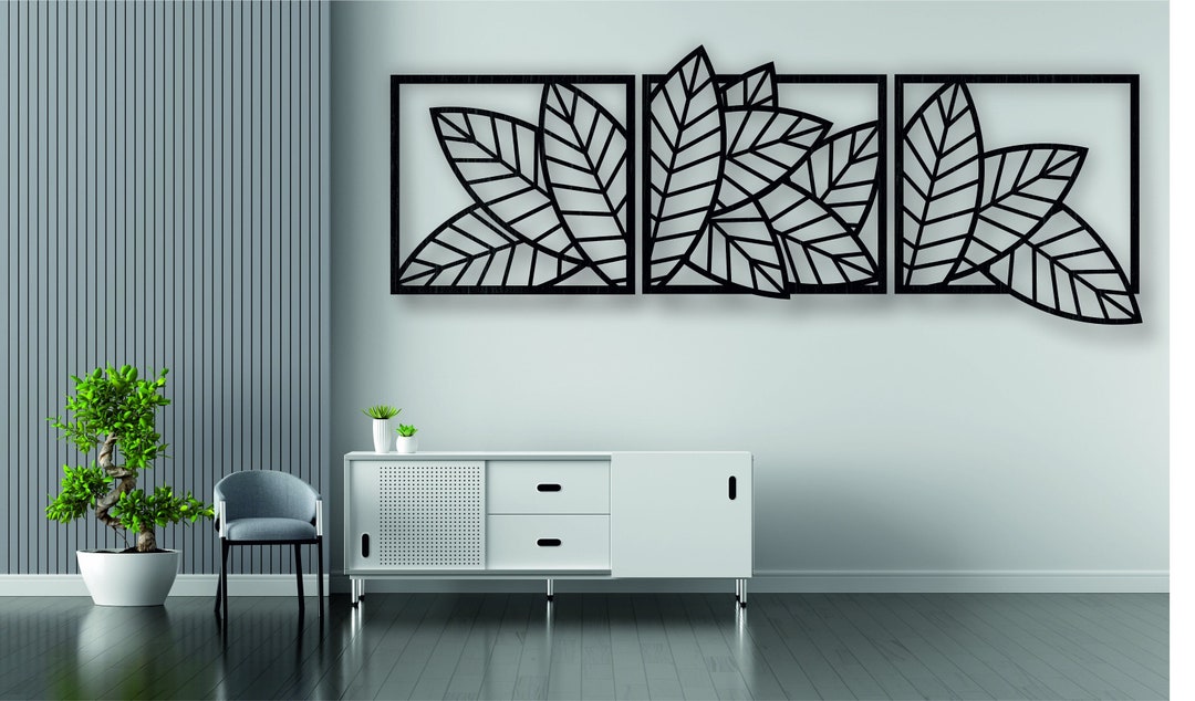 Leaves Botanical Wood Wall Art, 3 Piece Panel Leaf Decor, Triptych Wall ...