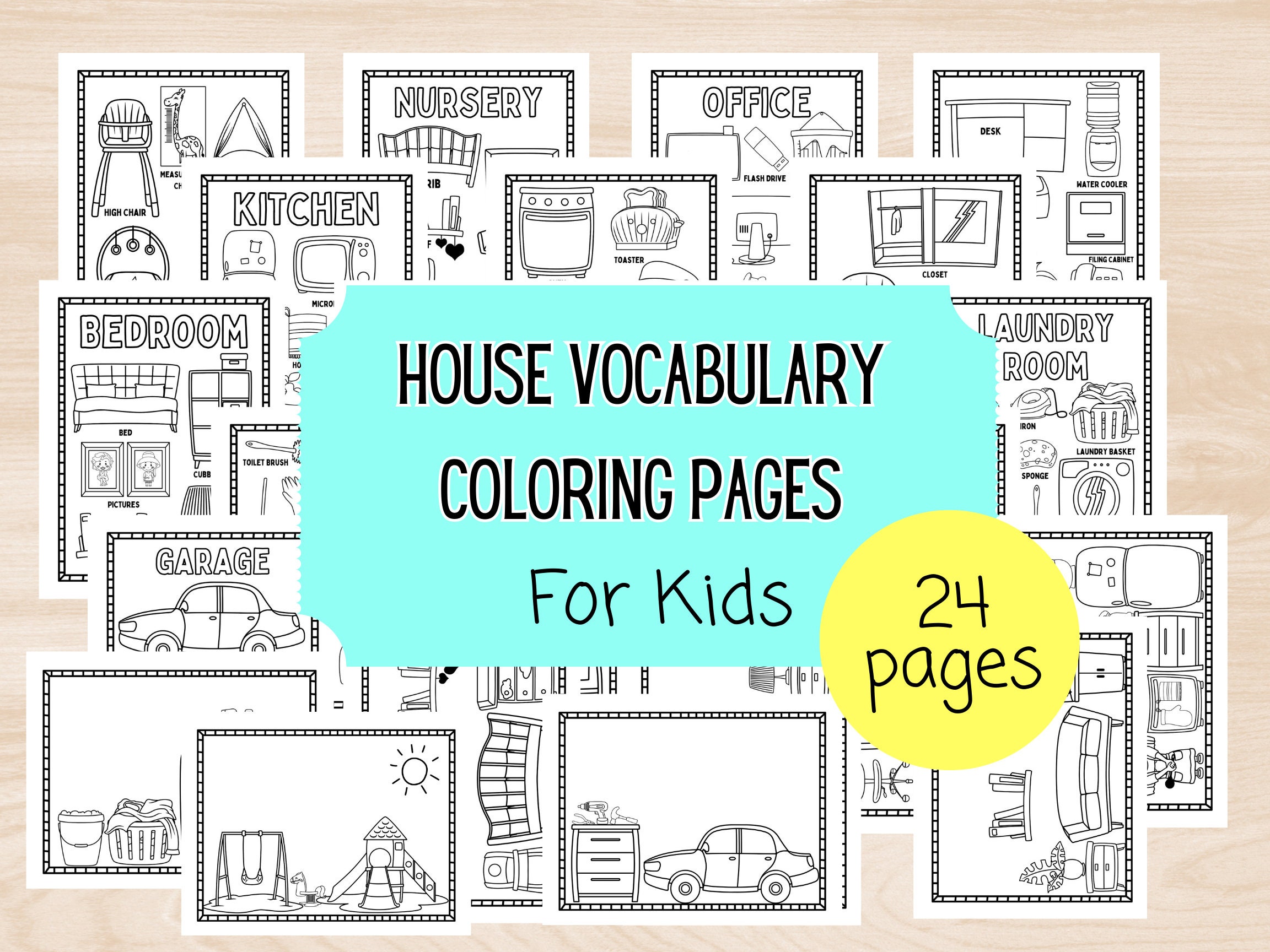 House Vocabulary Coloring Pages for Kids. Educational Coloring Activity ...