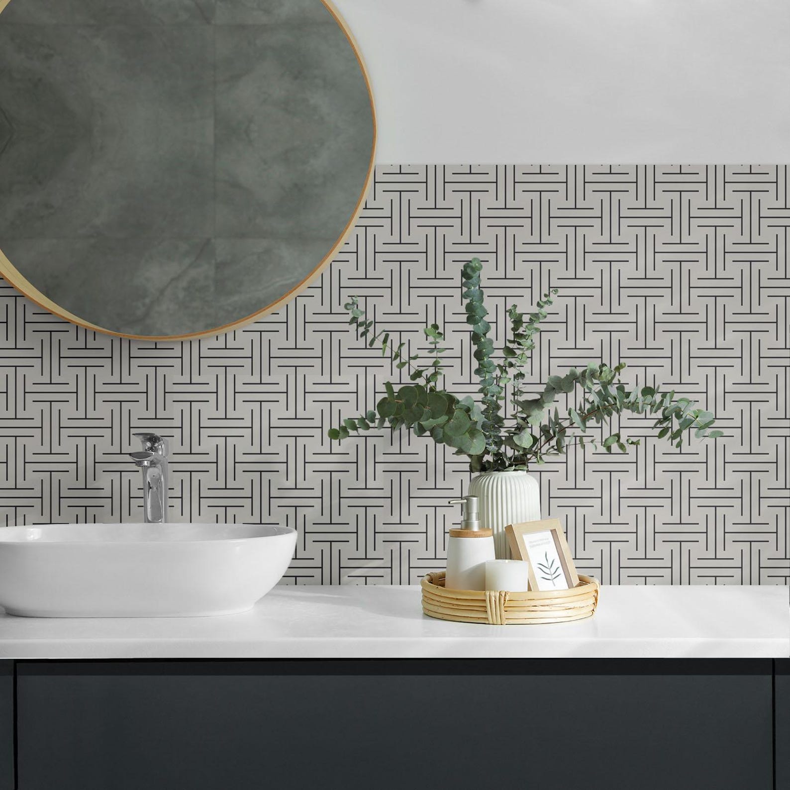 Geometric Checkered Pattern Tile Stickers, Black Self Adhesive Tiles ...