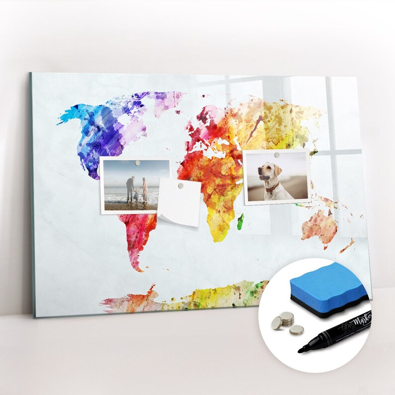 Watercolor World Map Magnetic Board, Places Visited Map, Multicolour ...