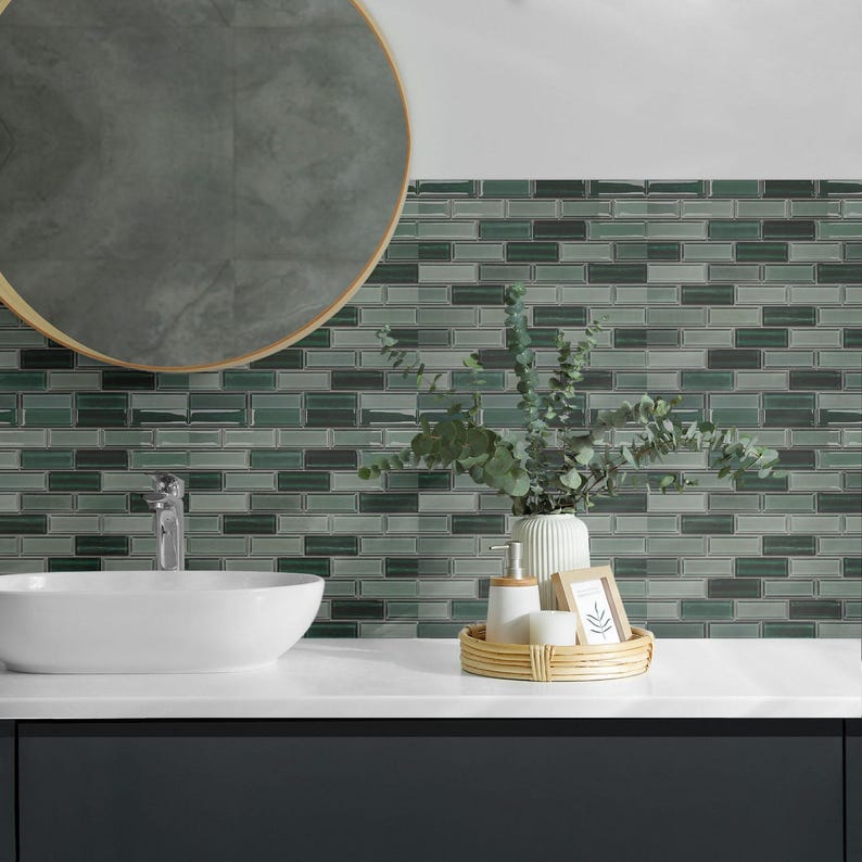 Rectangular Mosaic PVC Wall Tiles, Green Tile Stickers, Self Adhesive ...