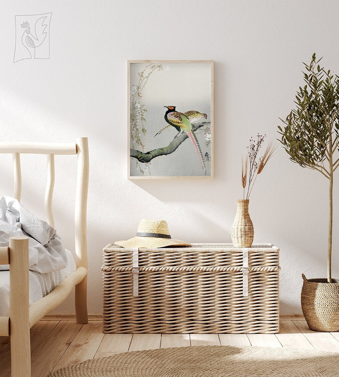 Pheasants Cherry Blossom Art by Ohara Koson #399 Retro Poster, Green, Grey, Retro Japanese Art ...