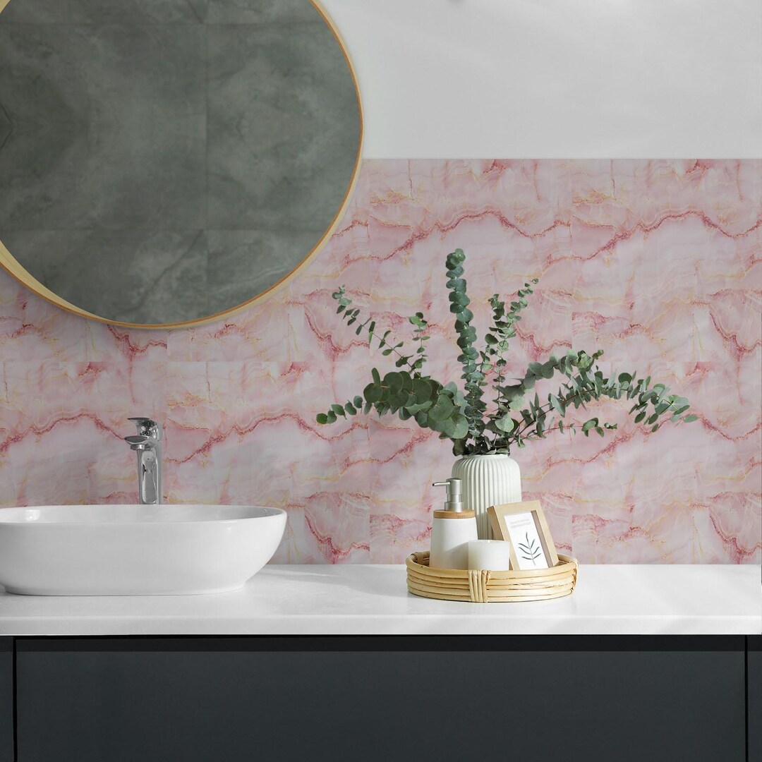 Marble Waves PVC Wall Tiles, Pink Tile Stickers, Peel and Stick Tiles ...
