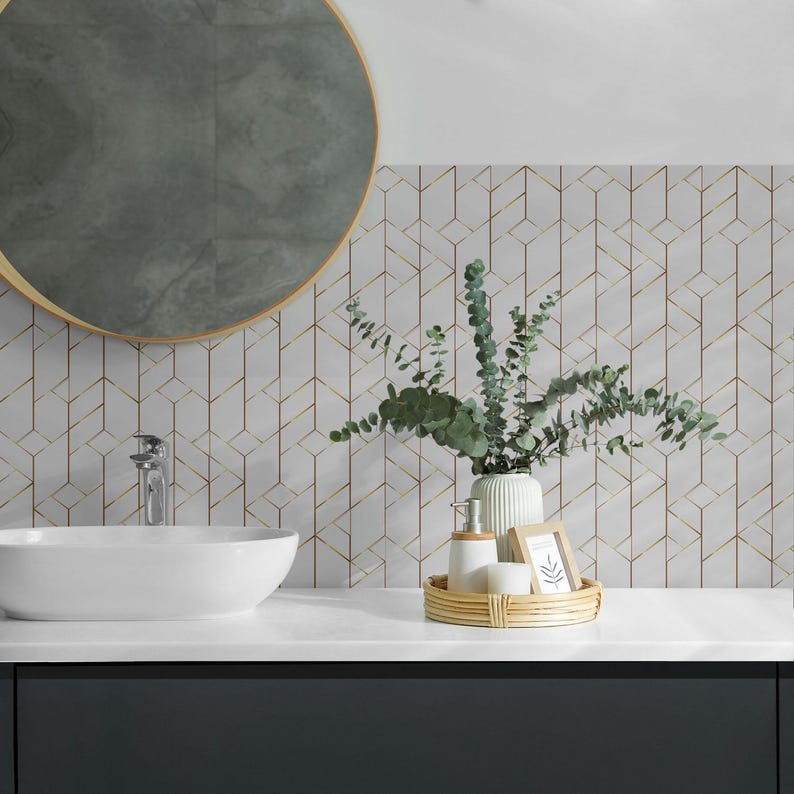 Geometric Line Pattern PVC Wall Tiles, White Tile Stickers, Peel and ...