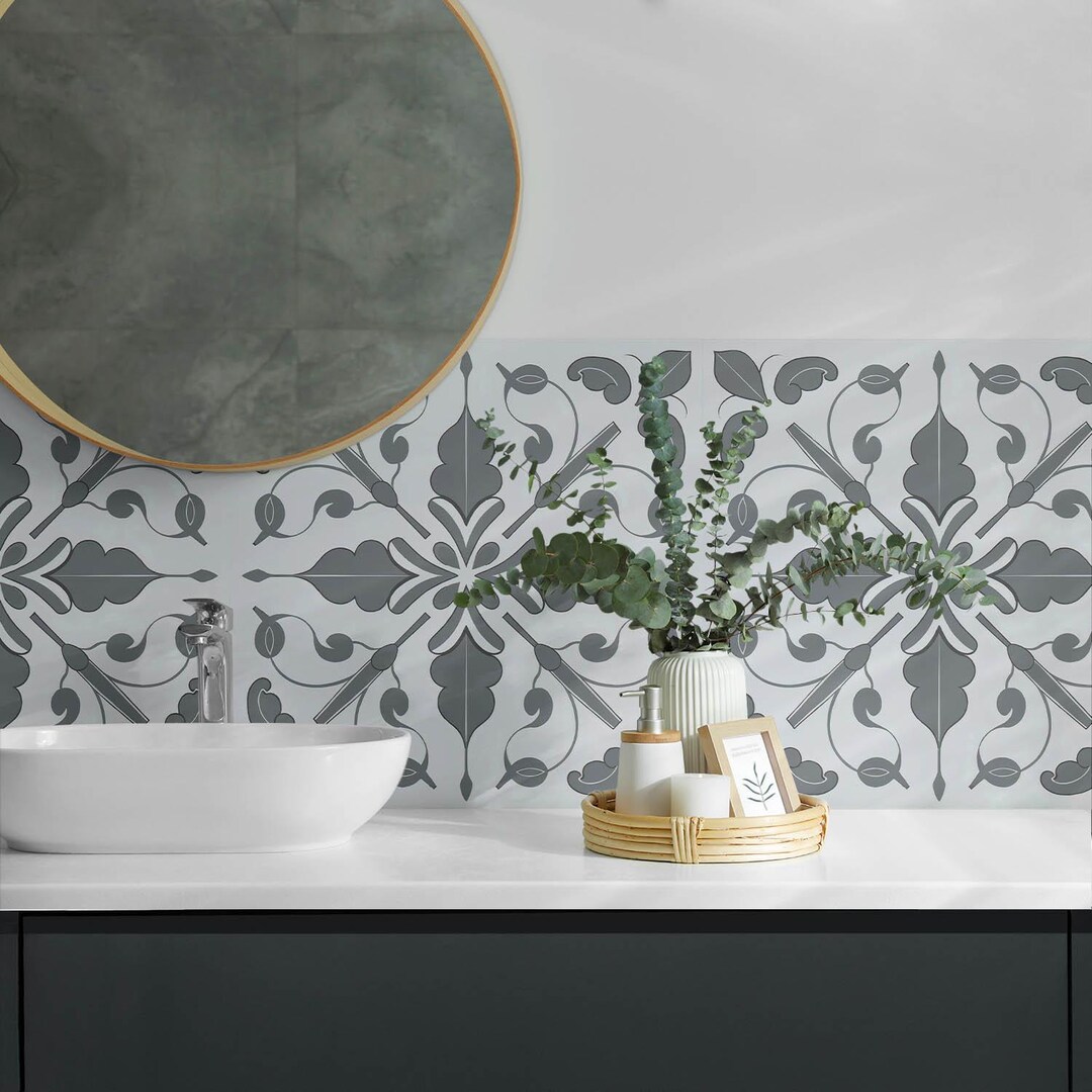 Plant Motif in Symmetry Panel Stickers, Gray Peel and Stick Panels ...