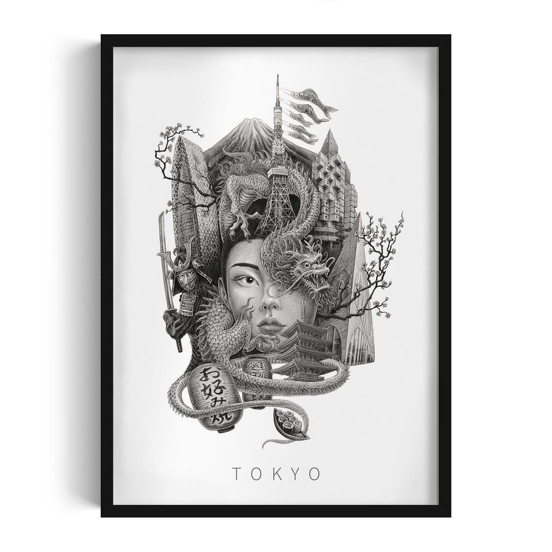 Tokyo Illustration in Frame, Black and White Tokyo City Wall Art, City ...