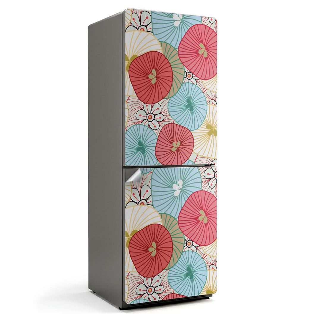 Floral Pattern in Colors Fridge Wrap Sticker, Red Refrigerator Wrap ...