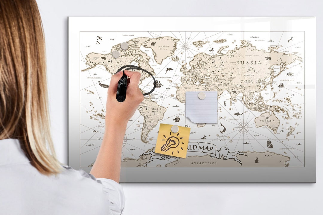 Vintage World Map Magnetic Board, Visited Countries Map, White Places ...