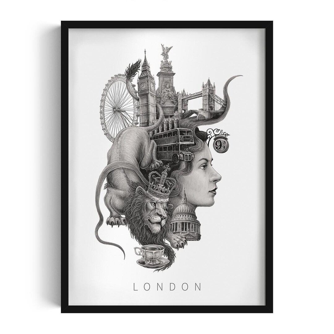 London Illustration in Frame, Black and White London City Wall Art ...
