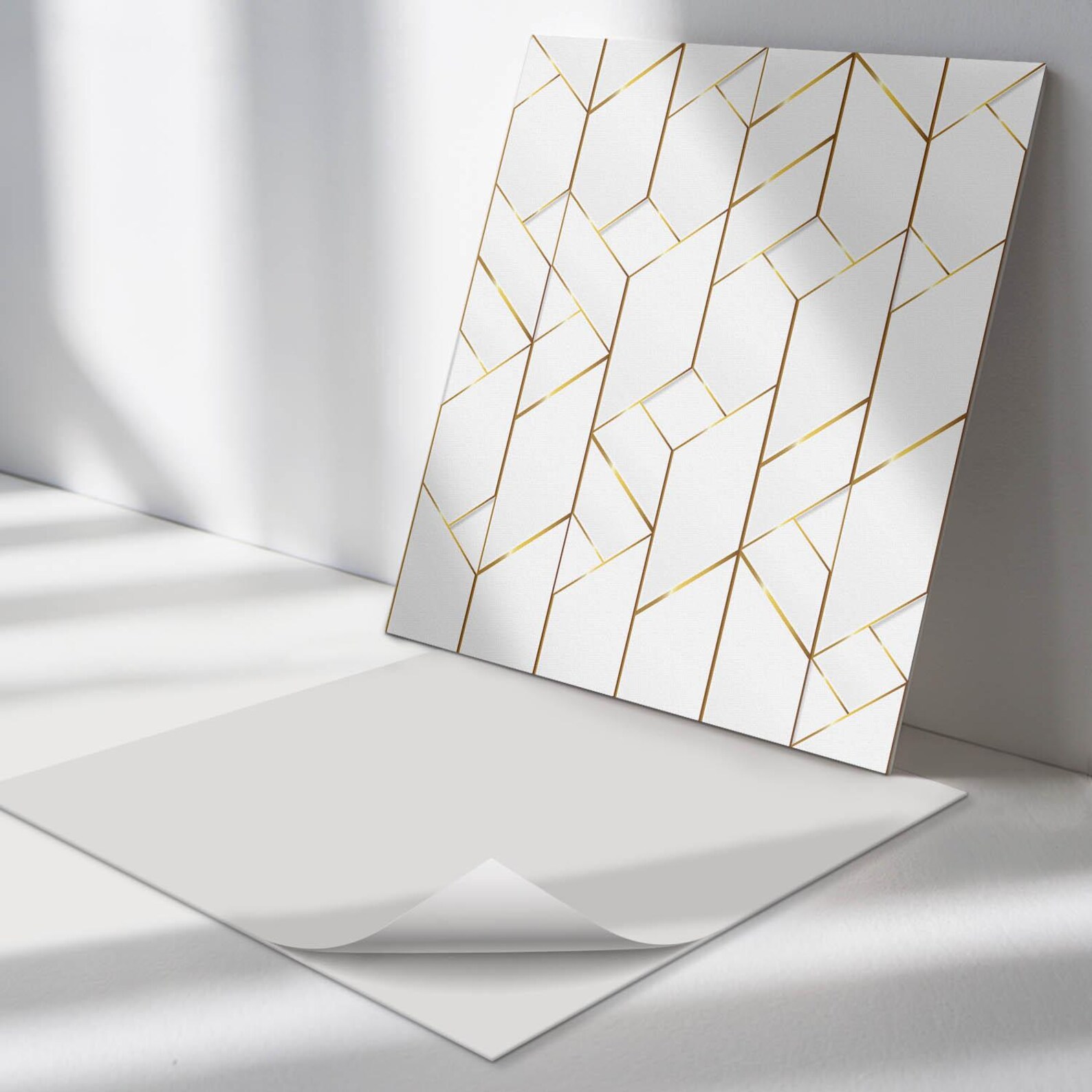 Geometric Line Pattern PVC Wall Tiles, White Tile Stickers, Peel and ...
