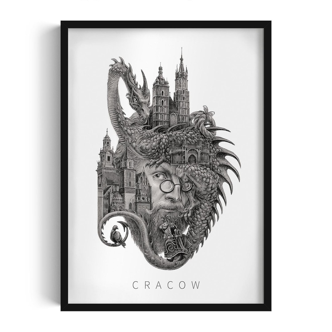 Cracow Illustration in Frame, Black and White Cracow City Wall Art ...