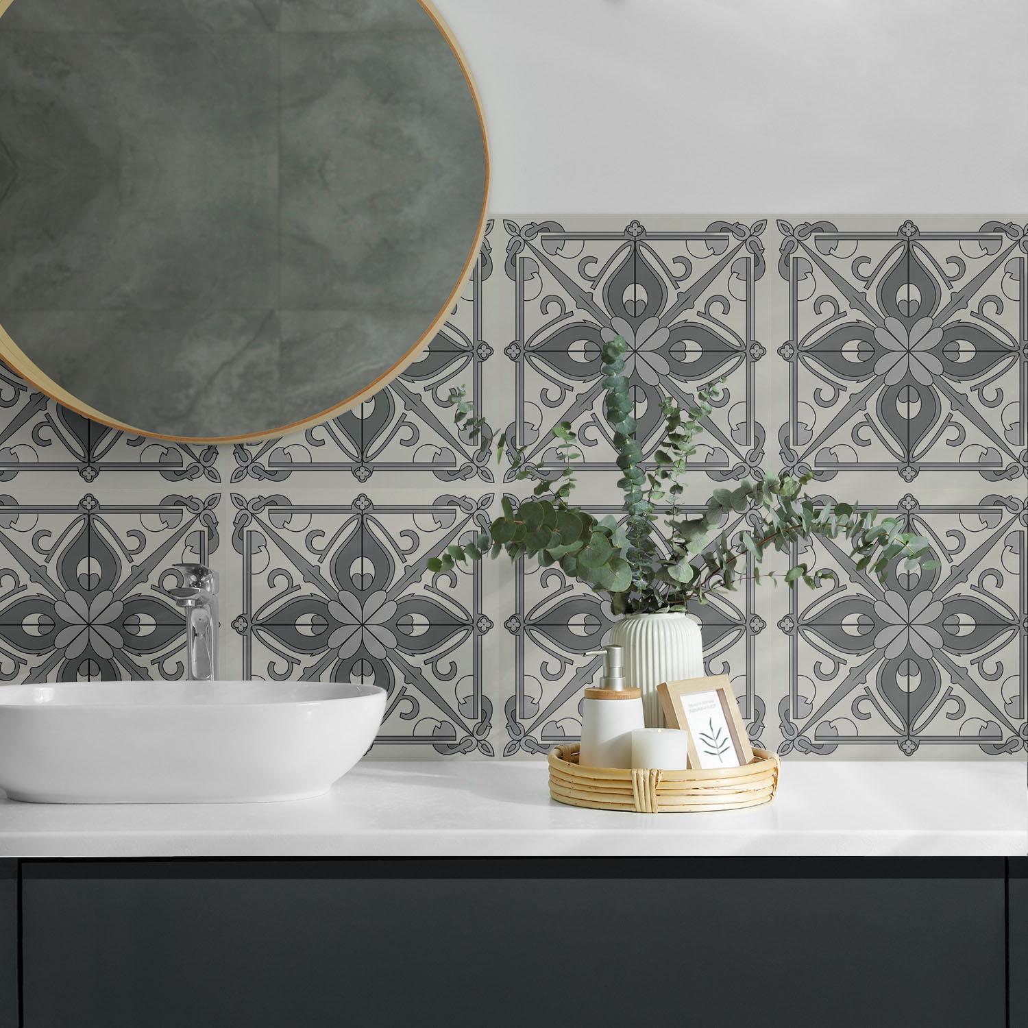 Floral Symmetry PVC Wall Tiles, Gray Tile Stickers, Self Adhesive Tiles ...