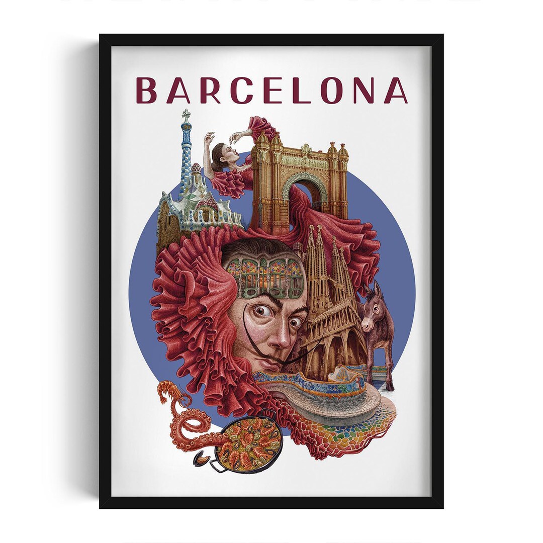 Barcelona Illustration in Frame, Blue Background Barcelona City Wall ...