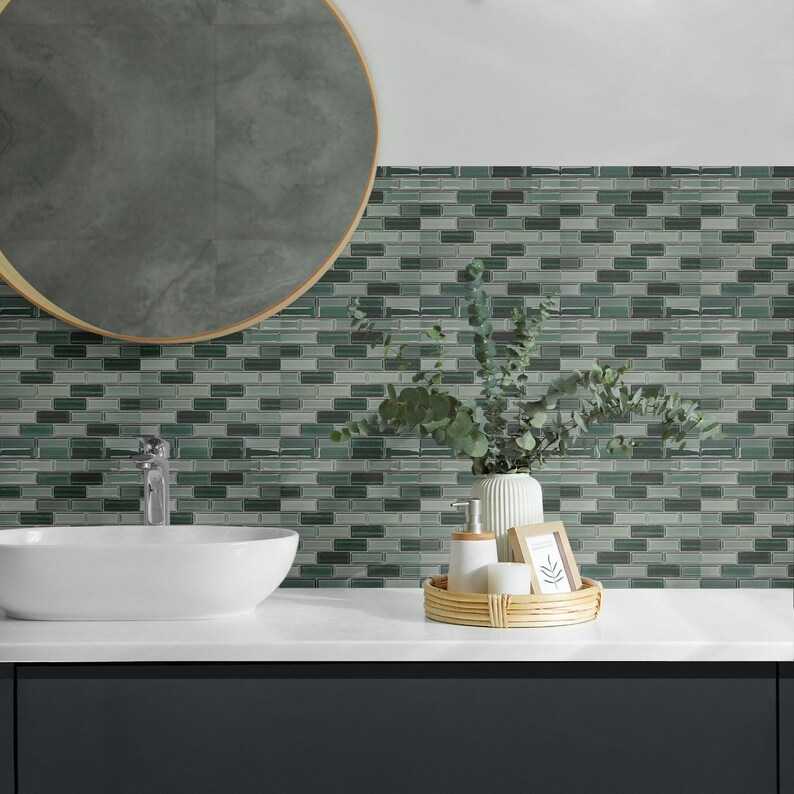 Rectangular Mosaic PVC Wall Tiles, Green Tile Stickers, Self Adhesive ...
