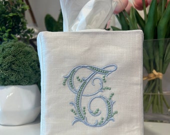 Linen Tissue Box Cover With Monogram - Etsy