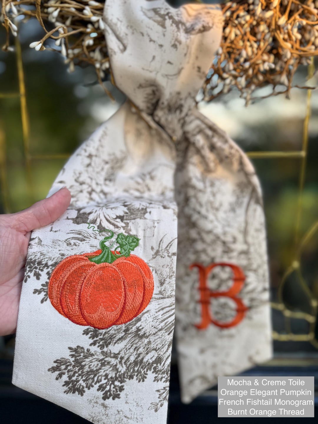 Elegant Pumpkin on Classic French Mocha & Creme TOILE Wreath Sash ...