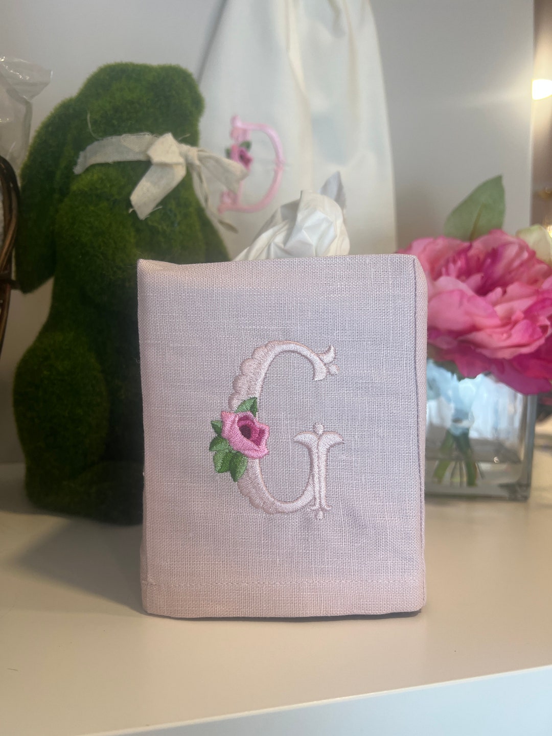 Custom Monogrammed Tissue Box Cover With Rose Scalloped Monogram ...