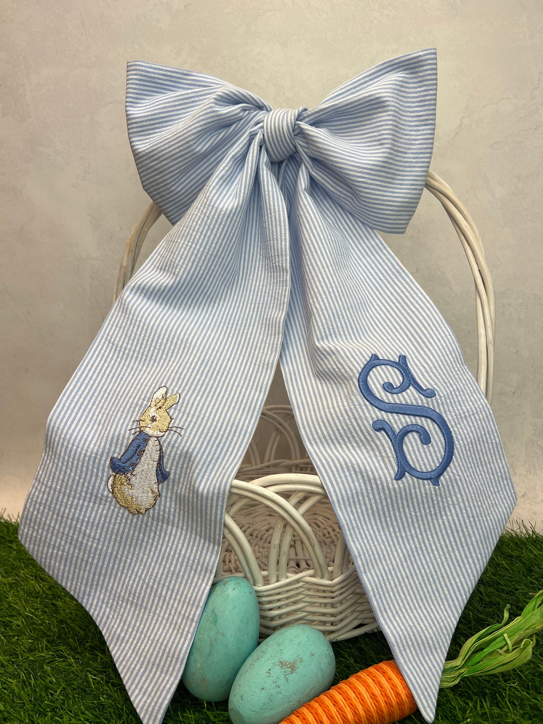 Easter Basket Bow, Bunny W/blue Vest Easter Basket BOW, 70" LONGER Custom Easter Basket Bow ...